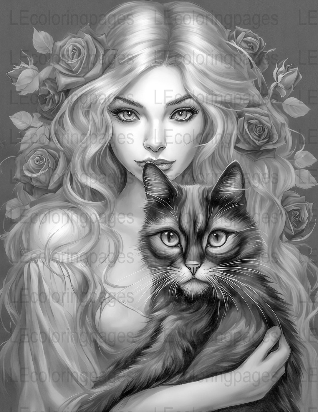 Gothic Cat Girl Grayscale Coloring Page for Adults #22 - Instant ...