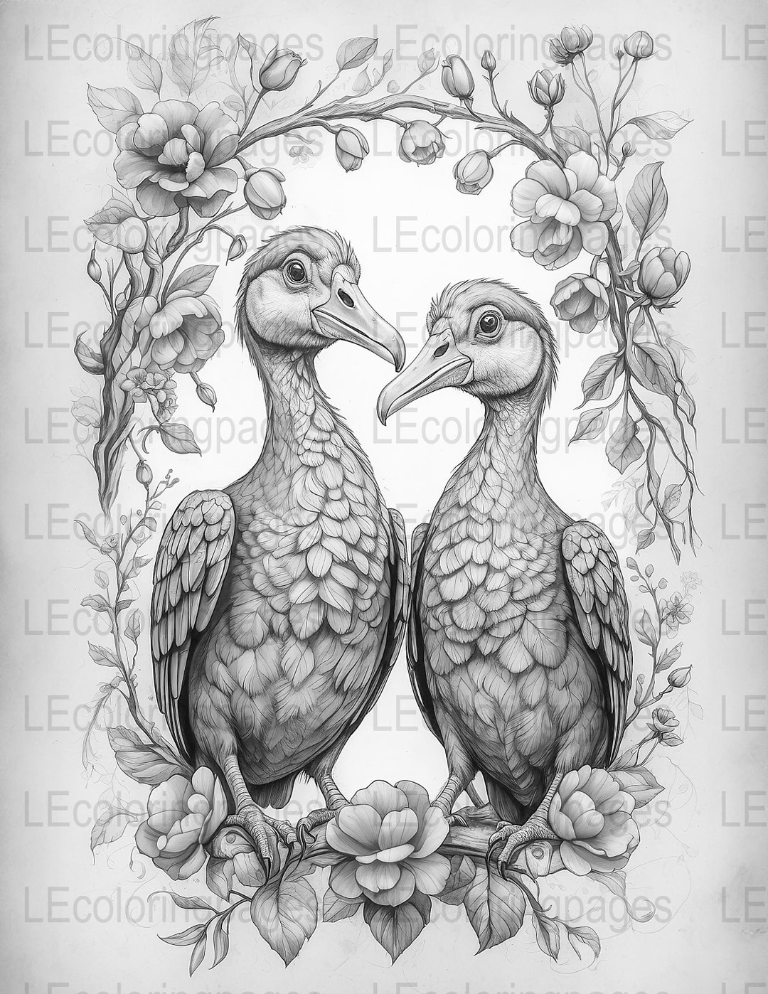 Grayscale Adult Coloring Page, Intricate Dodo Bird and Floral Design ...