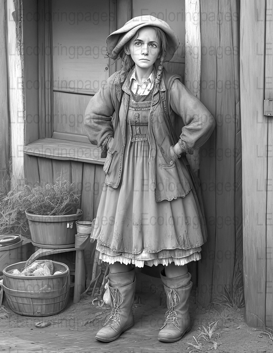 Vintage Farmhouse Style Grayscale Coloring Page, Rustic Chic Adult ...