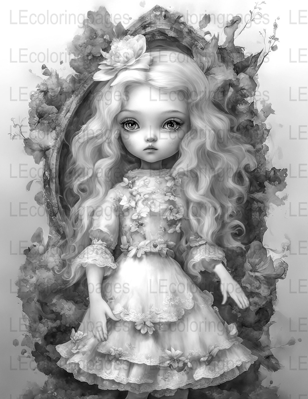Grayscale Doll Coloring Page for Adults, Vintage-inspired Relaxation ...
