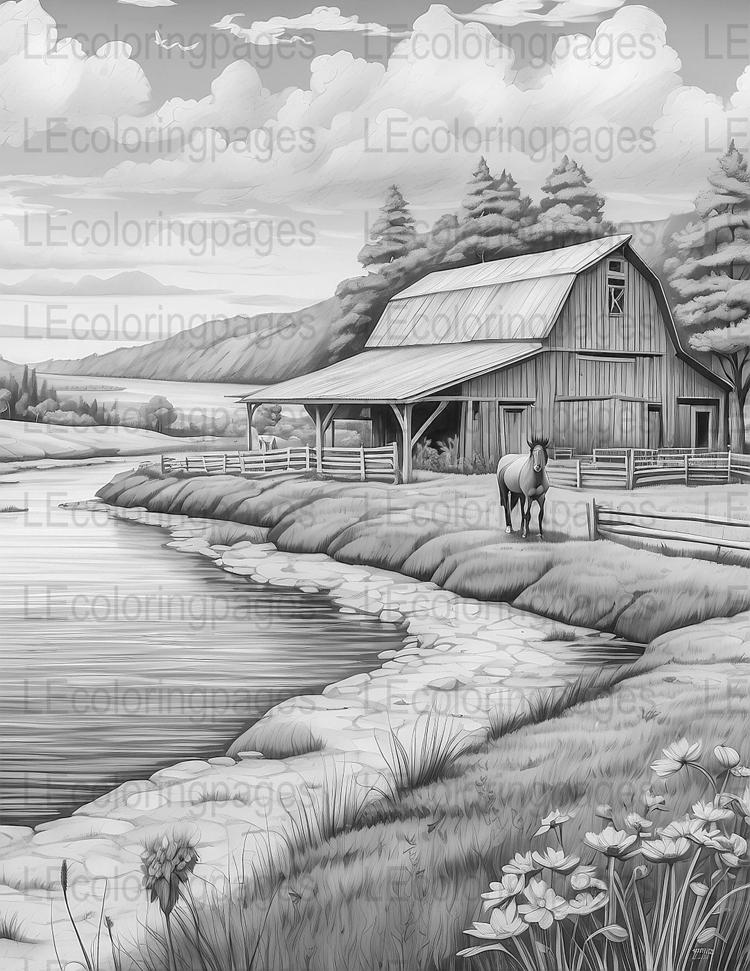 Grayscale Farm Barn Coloring Page for Adults, 8.5x11 in 300dpi, Stress ...
