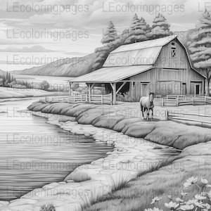 Grayscale Farm Barn Coloring Page for Adults, 8.5x11 in 300dpi, Stress ...