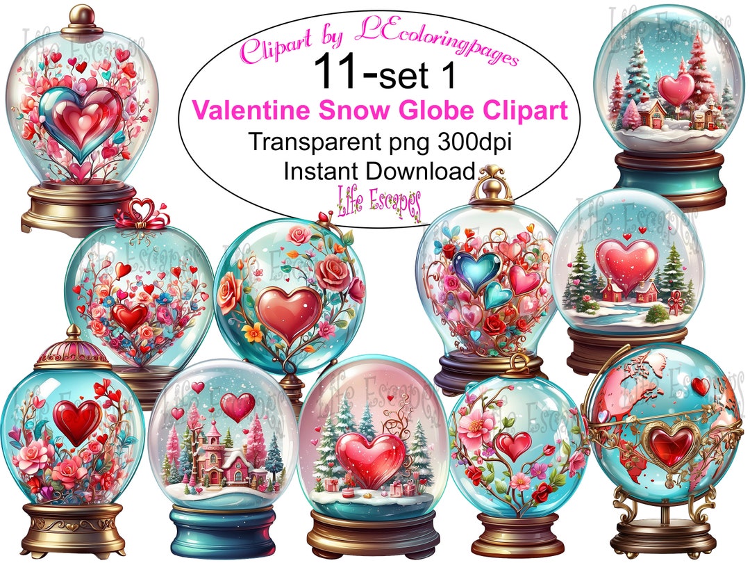 Printable Valentine Snow Globe Clipart Bundle - Set #1, PNG, Commercial ...