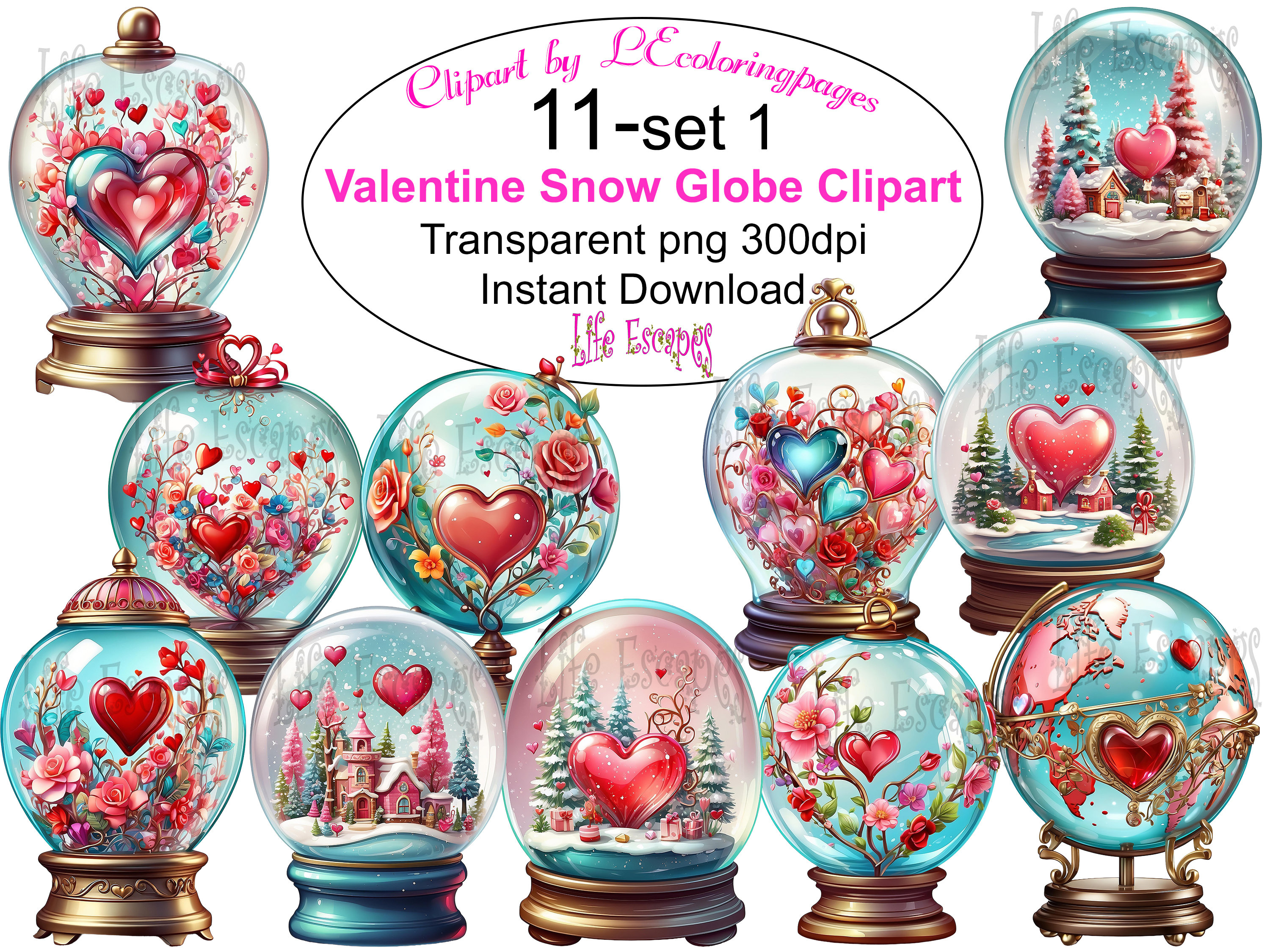 Printable Valentine Snow Globe Clipart Bundle Set 1, PNG, Commercial ...