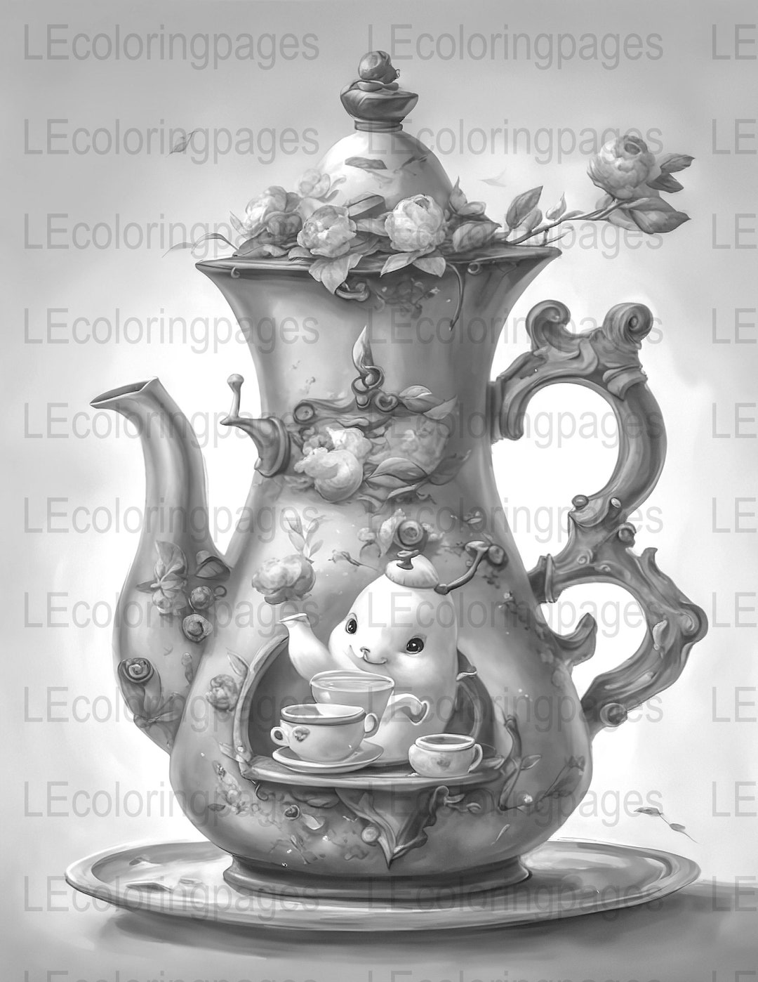 Tea Party Printable Coloring Page for Adults, Grayscale Illustration 16 ...