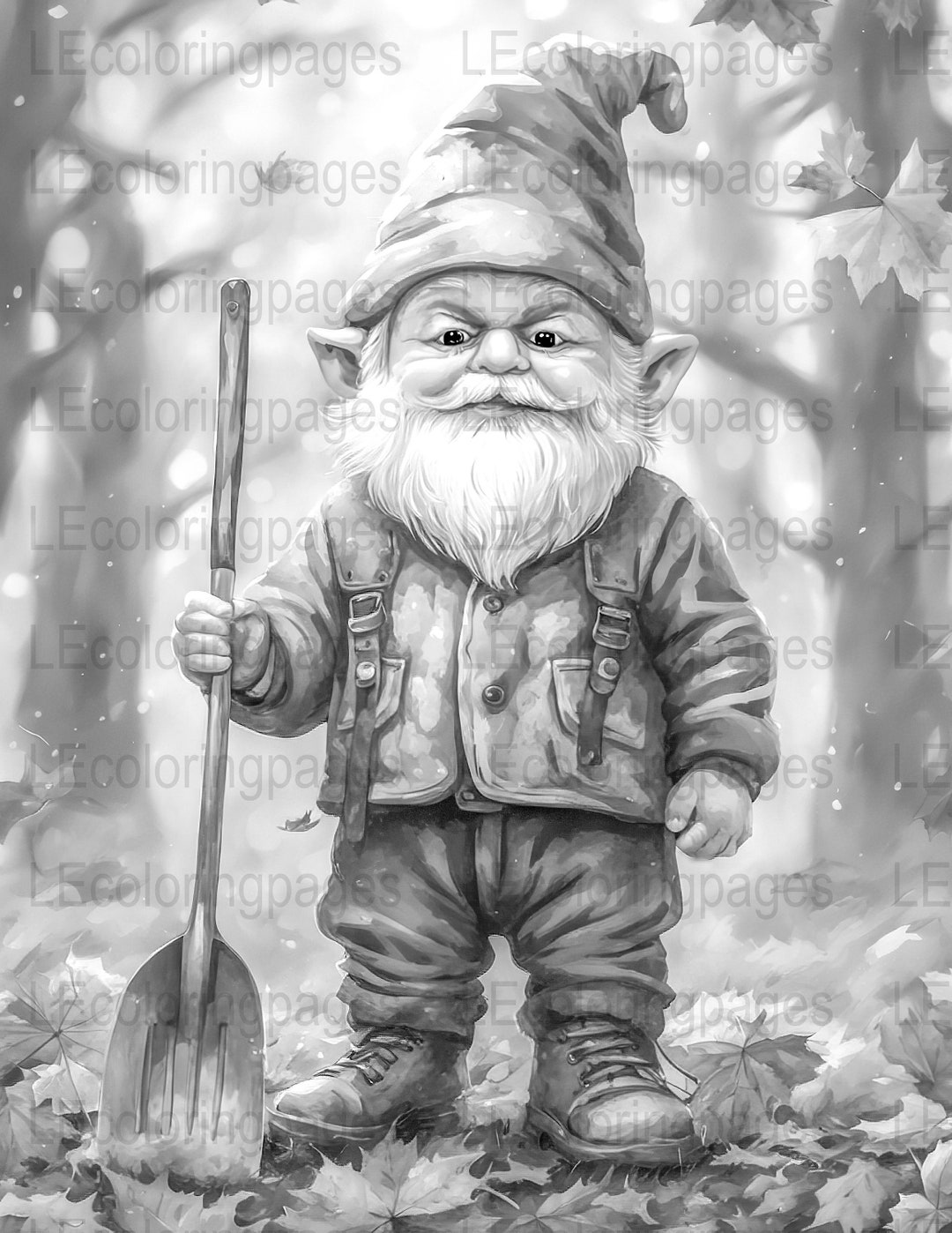 Autumn Gnome Grayscale Coloring Page for Adults 62 Printable Instant ...