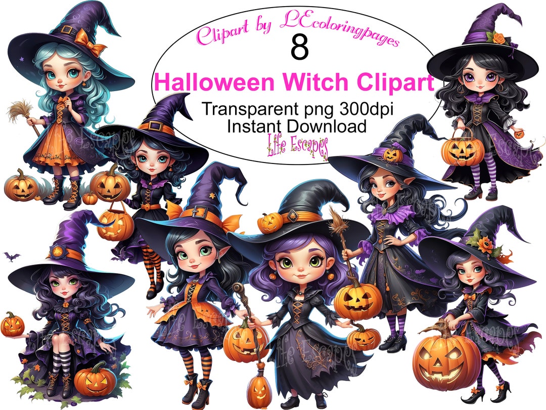 Halloween Witch Clipart Collection, 8 Cute Witch Illustrations ...