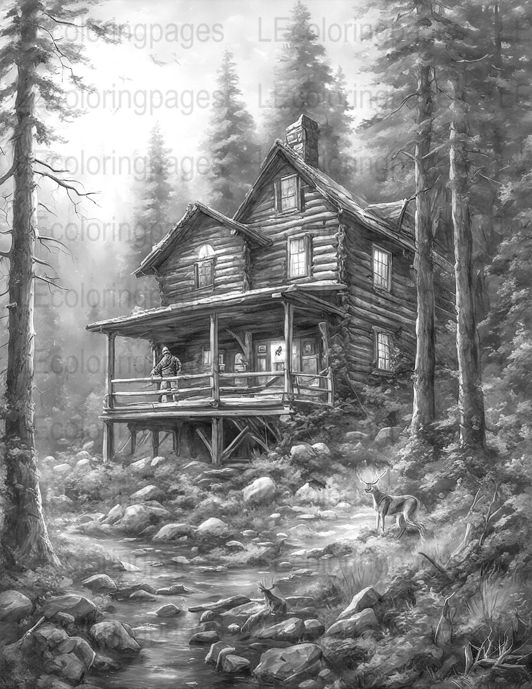 Hunting Cabin Grayscale Coloring Page - Rustic Forest Scene (digital ...