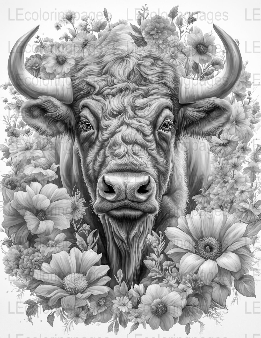 Adult Coloring Page Printable, Bison in Flower Field, Intricate ...