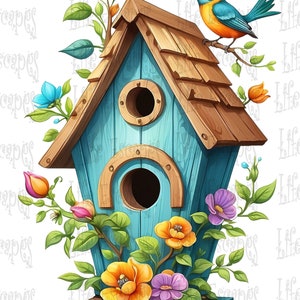 Whimsical Birdhouse Clipart, Colorful Garden PNG Graphics (digital ...