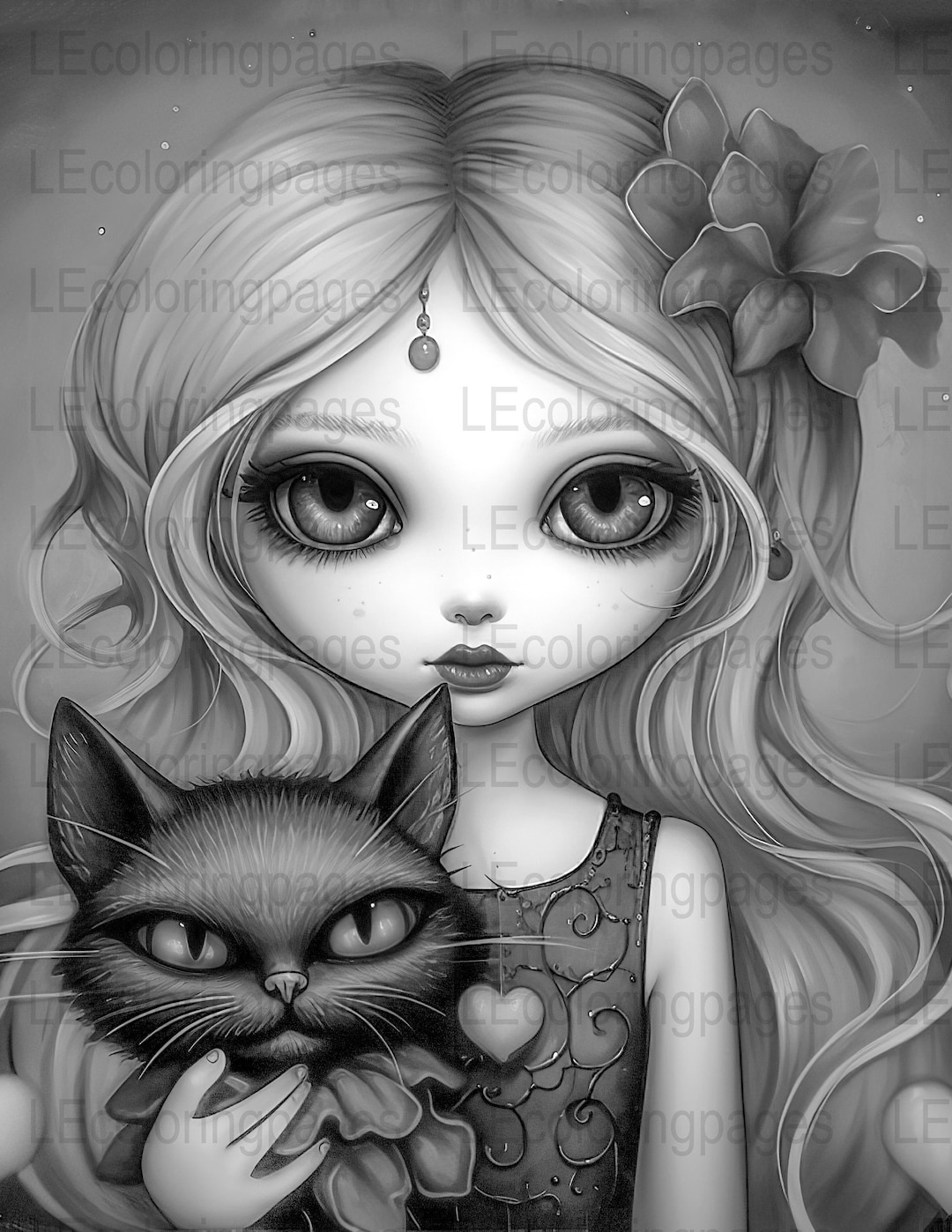 Gothic Cat Girl Grayscale Coloring Page for Adults 98 - Etsy