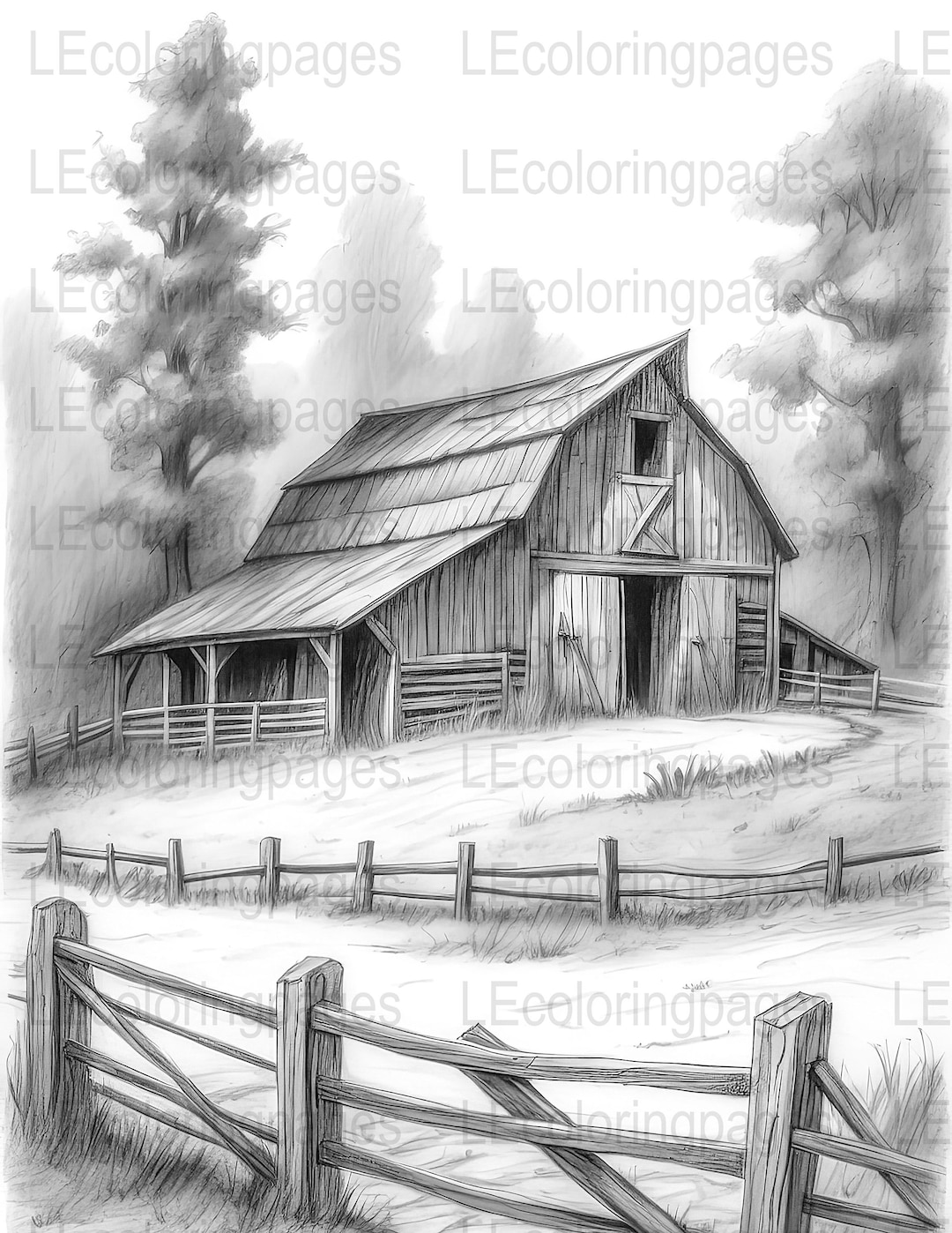 Rustic Barn Grayscale Coloring Page, Printable Countryside Landscape ...