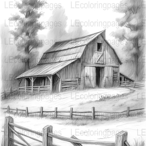 Rustic Barn Grayscale Coloring Page, Printable Countryside Landscape ...