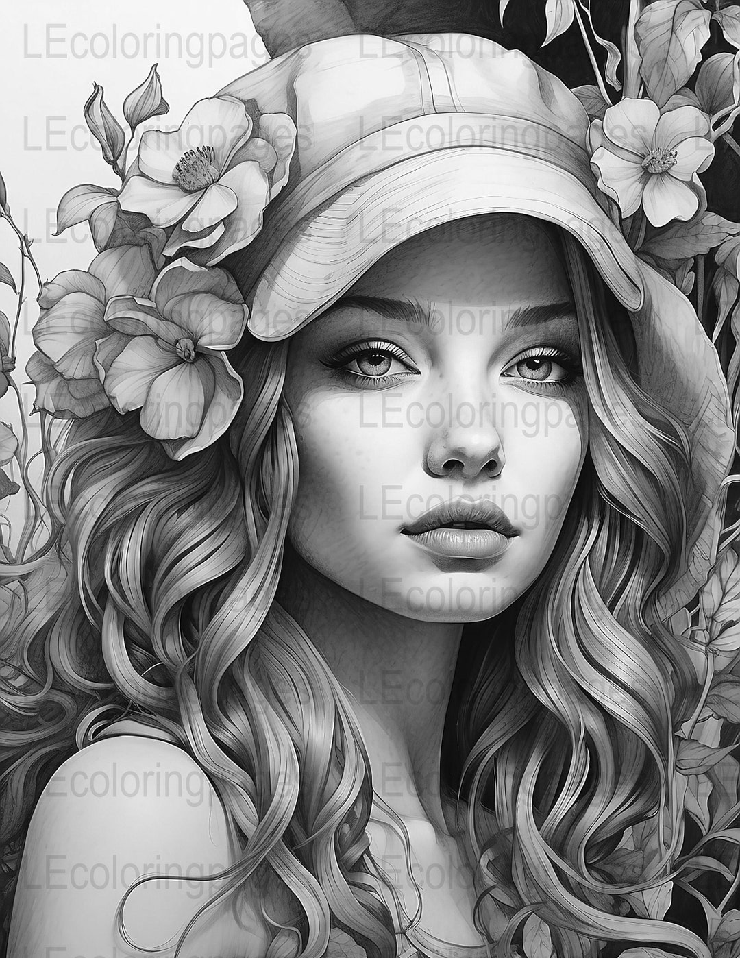 Adult Coloring Page Grayscale, Beautiful Woman With Flowers, Printable ...