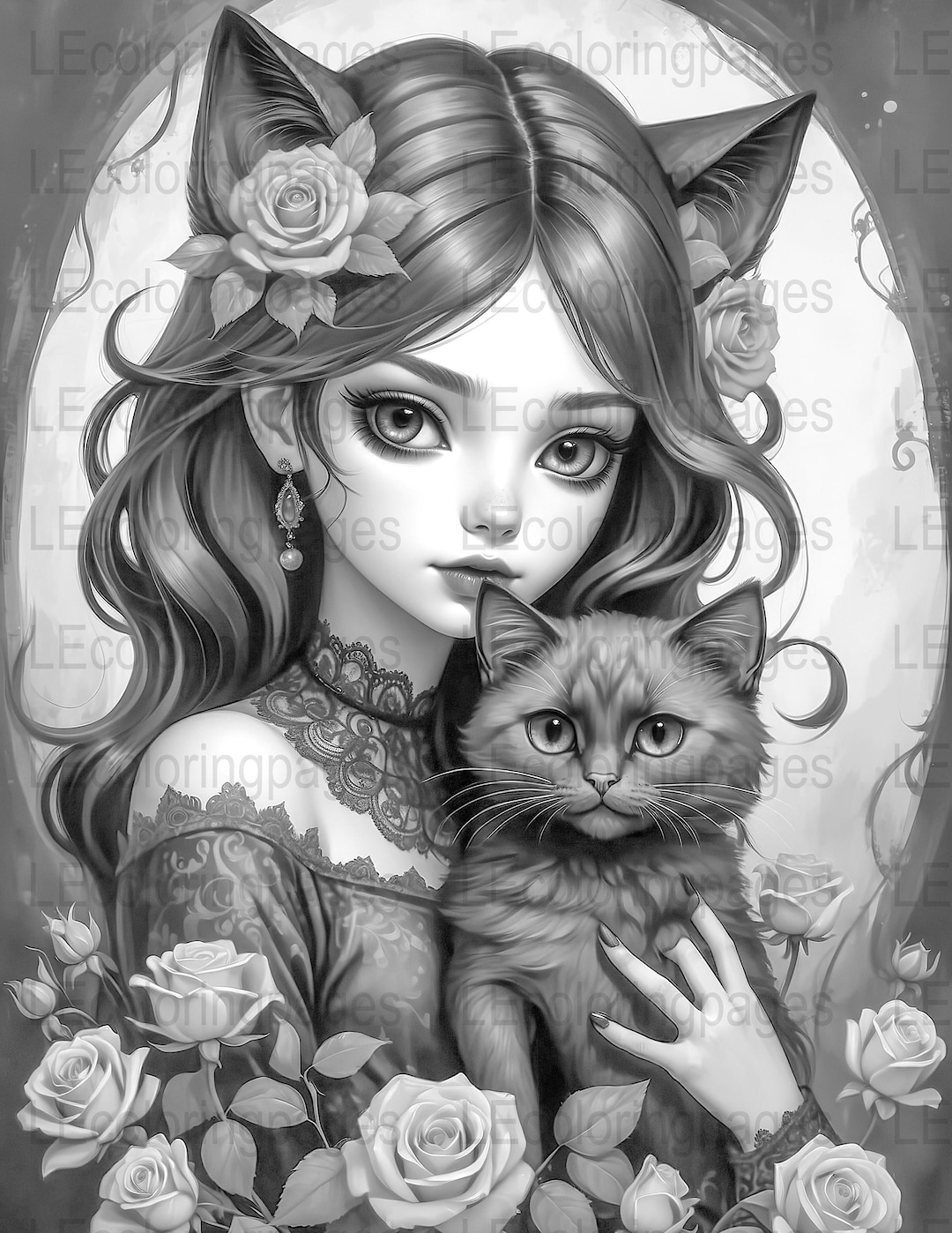 Gothic Cat Girl Grayscale Coloring Page for Adults #58 - Instant ...