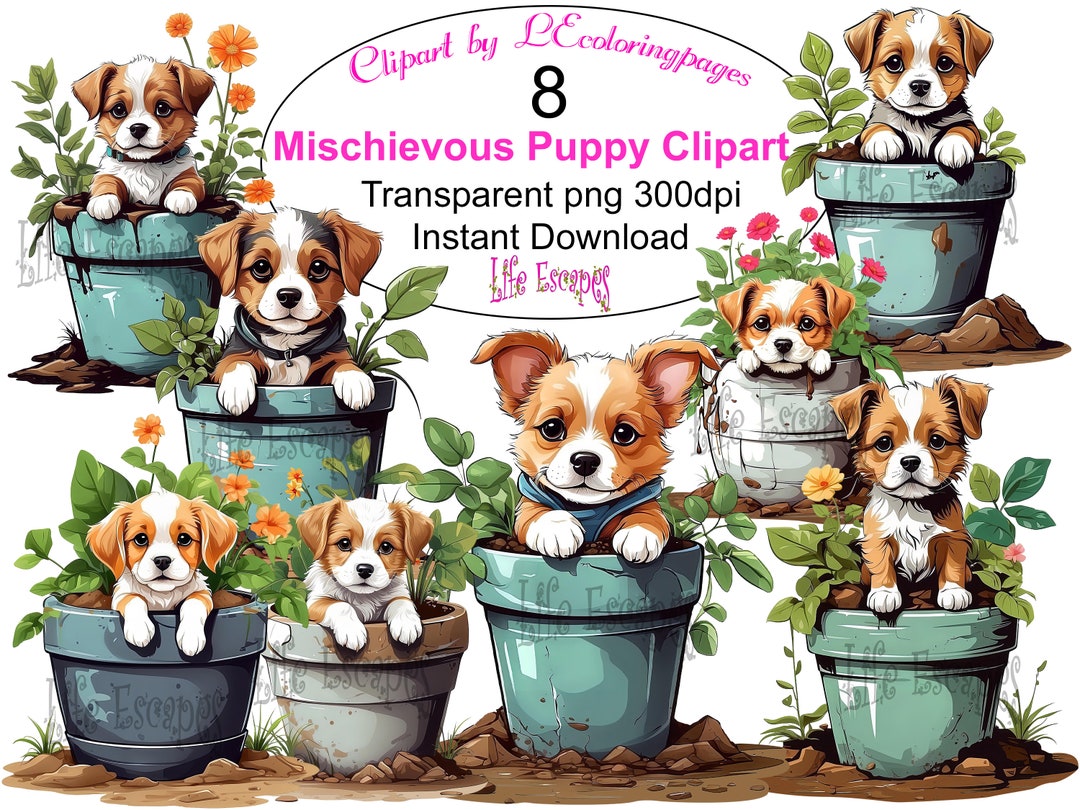 Cute Puppy Clipart Set, Playful Cartoon Dogs in Pots Digital ...