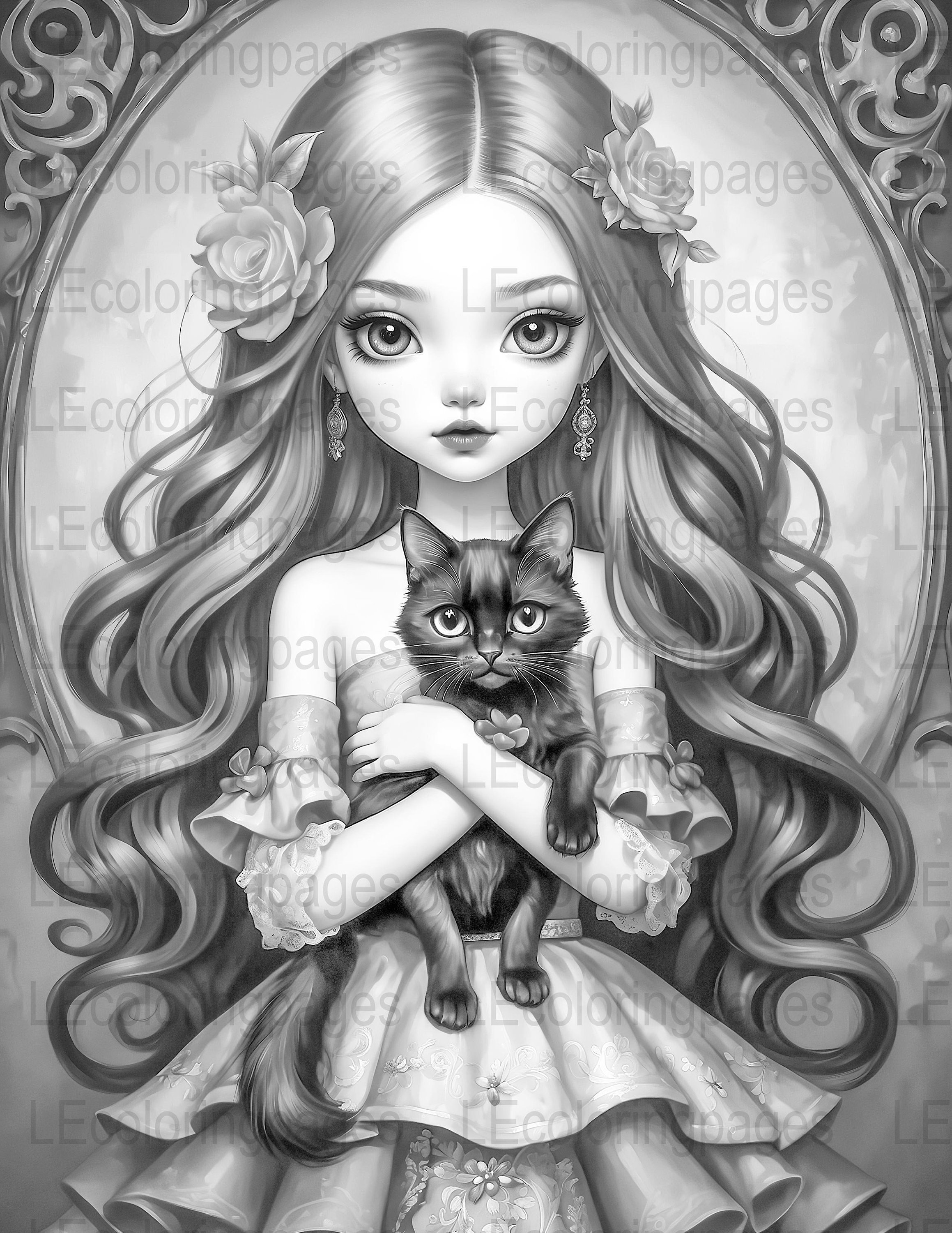 Gothic Cat Girl Grayscale Coloring Page for Adults 46 Instant Download ...