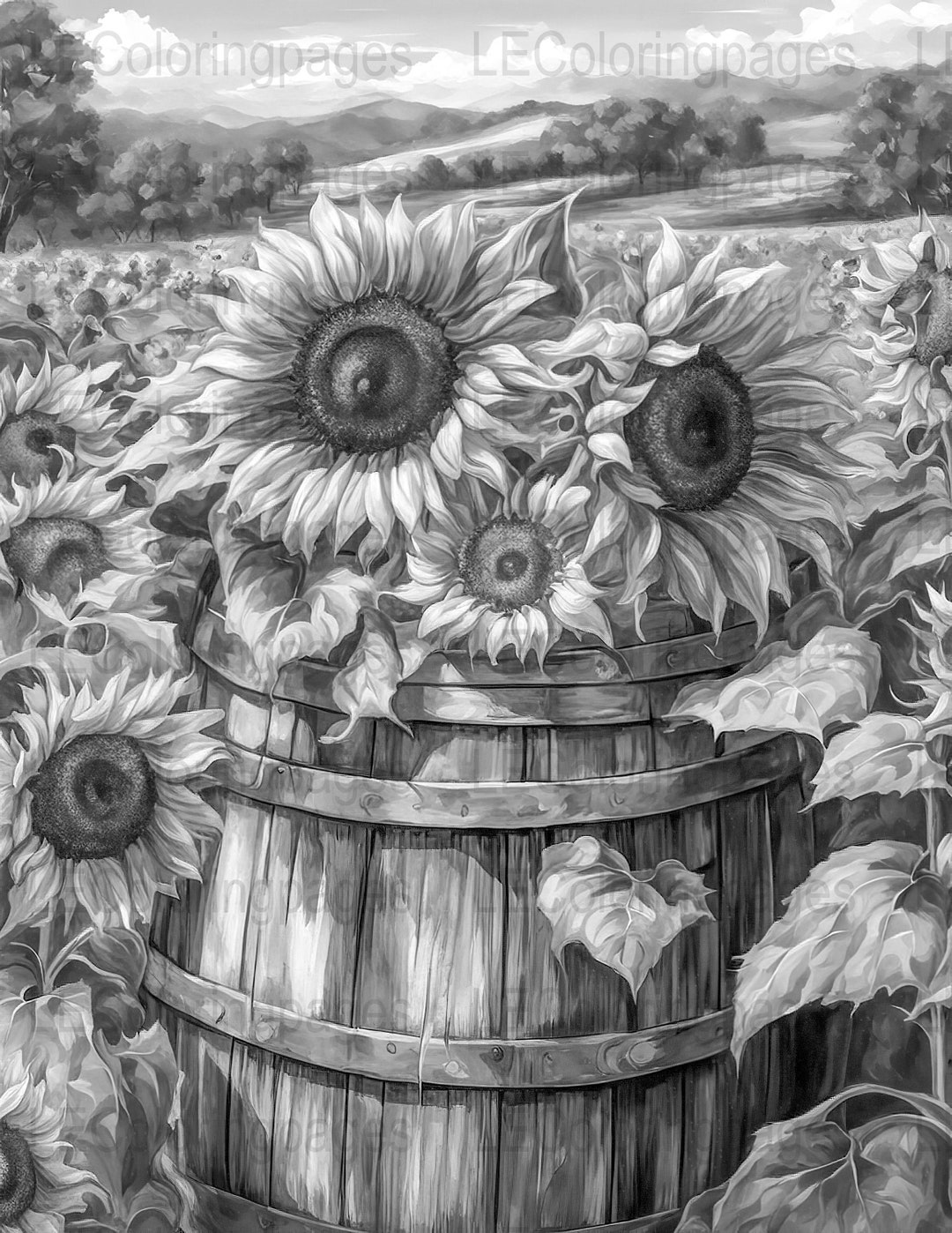 Sunflowers Grayscale Coloring Page for Adults 10 Instant Download ...