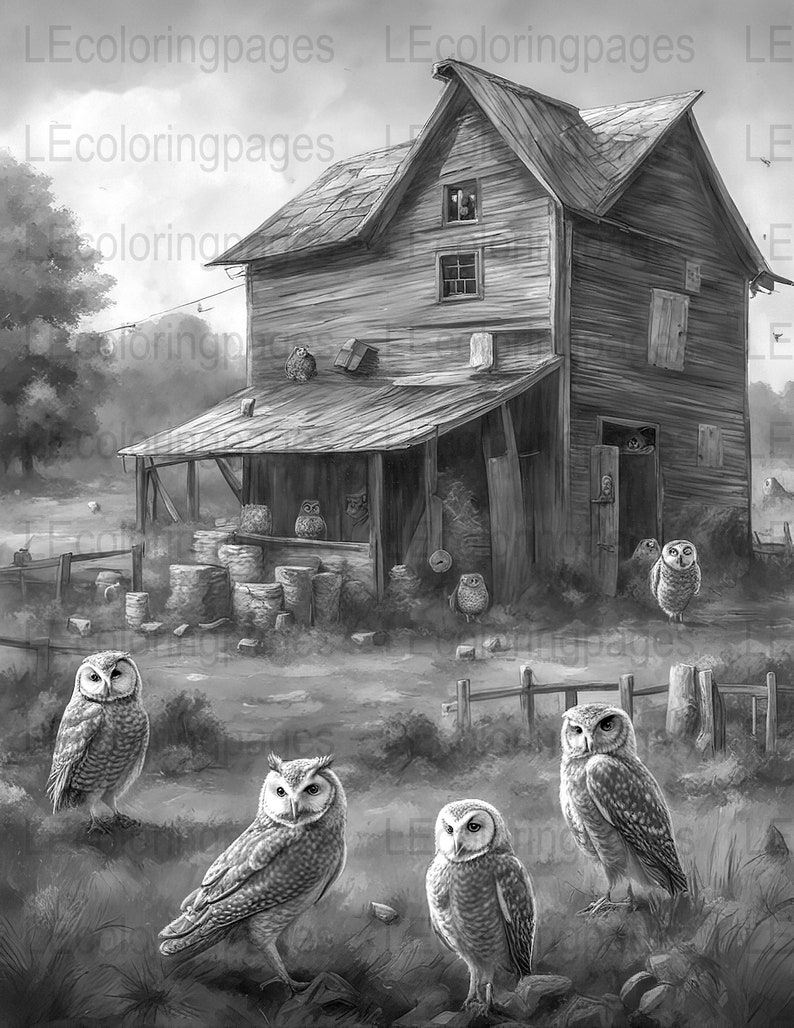 Rustic Farmhouse Owl Scene Adult Coloring Page, Grayscale Country ...