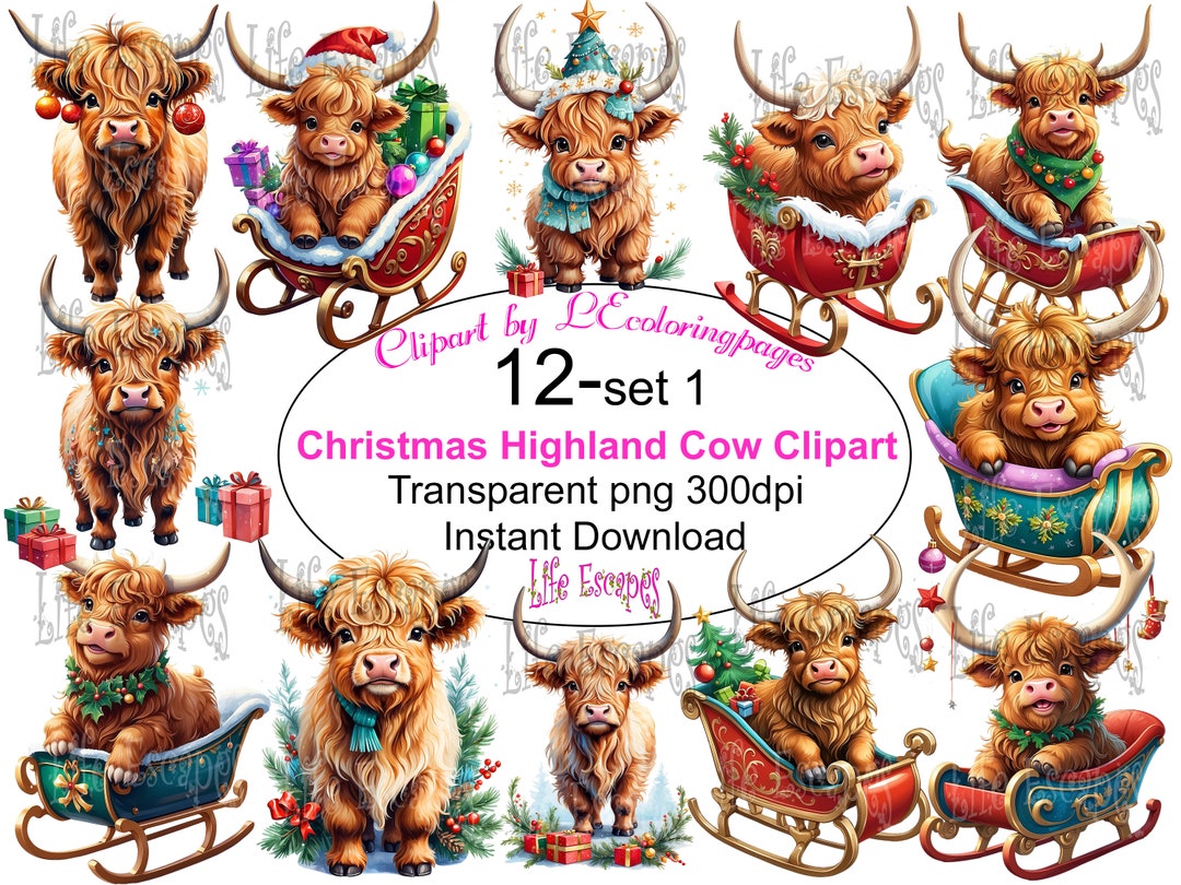 Printable Highland Cow Christmas Clipart Bundle - Set #1, PNG ...