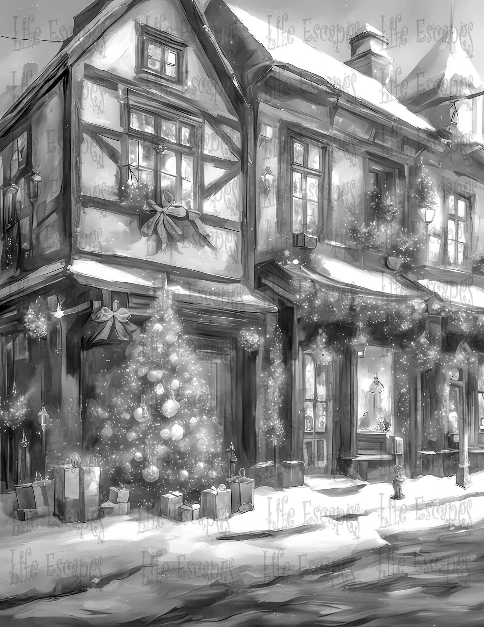 Christmas Grayscale Coloring Pages, Holiday Printable Art (PDF) - Etsy