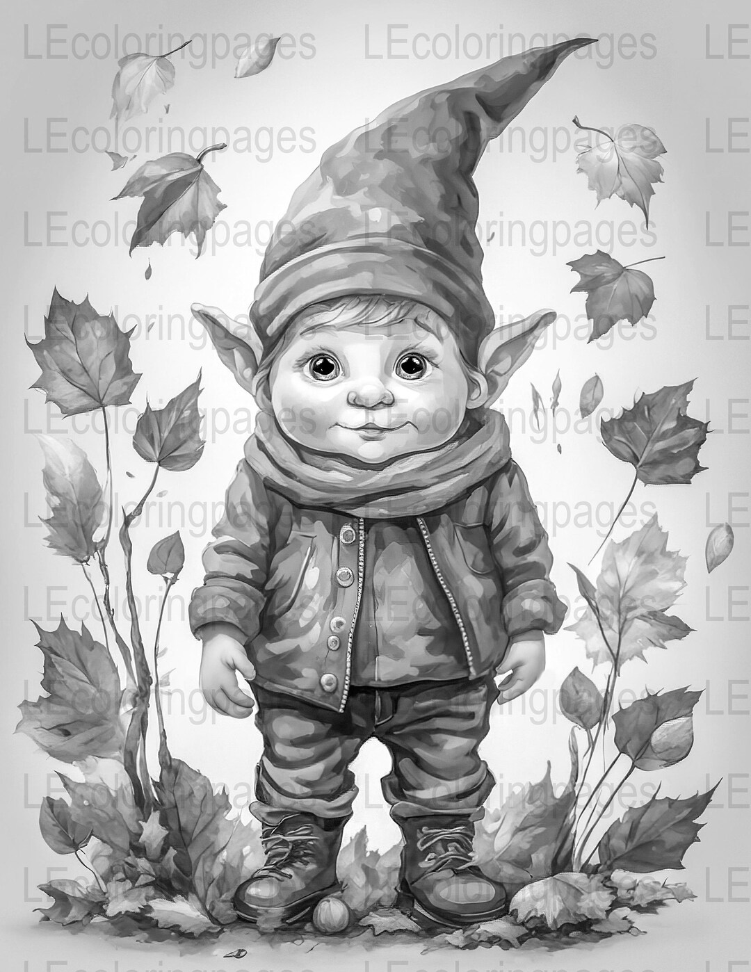 Autumn Gnome Grayscale Coloring Page for Adults 22 Printable Instant ...