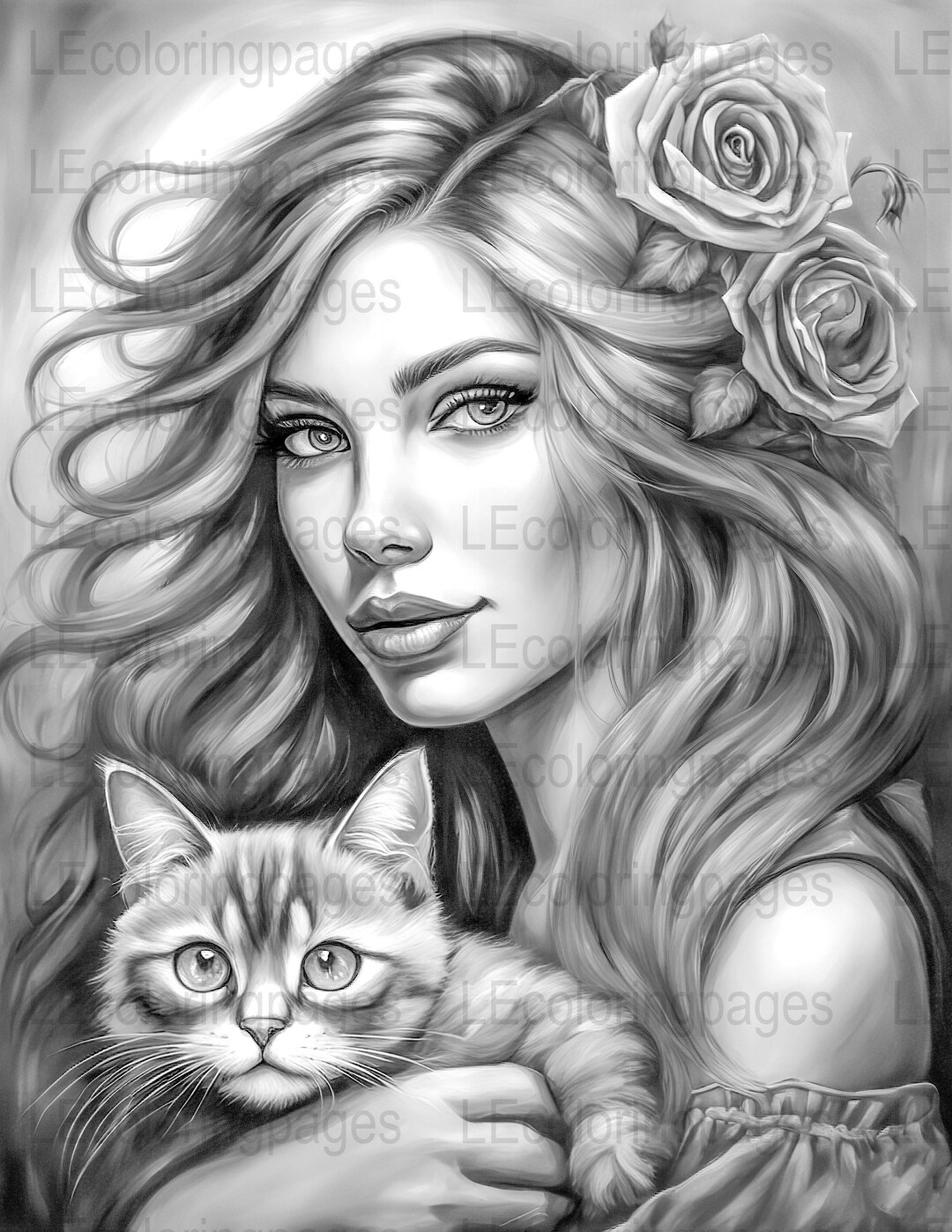 Gothic Cat Girl Grayscale Coloring Page for Adults #2 - Instant ...