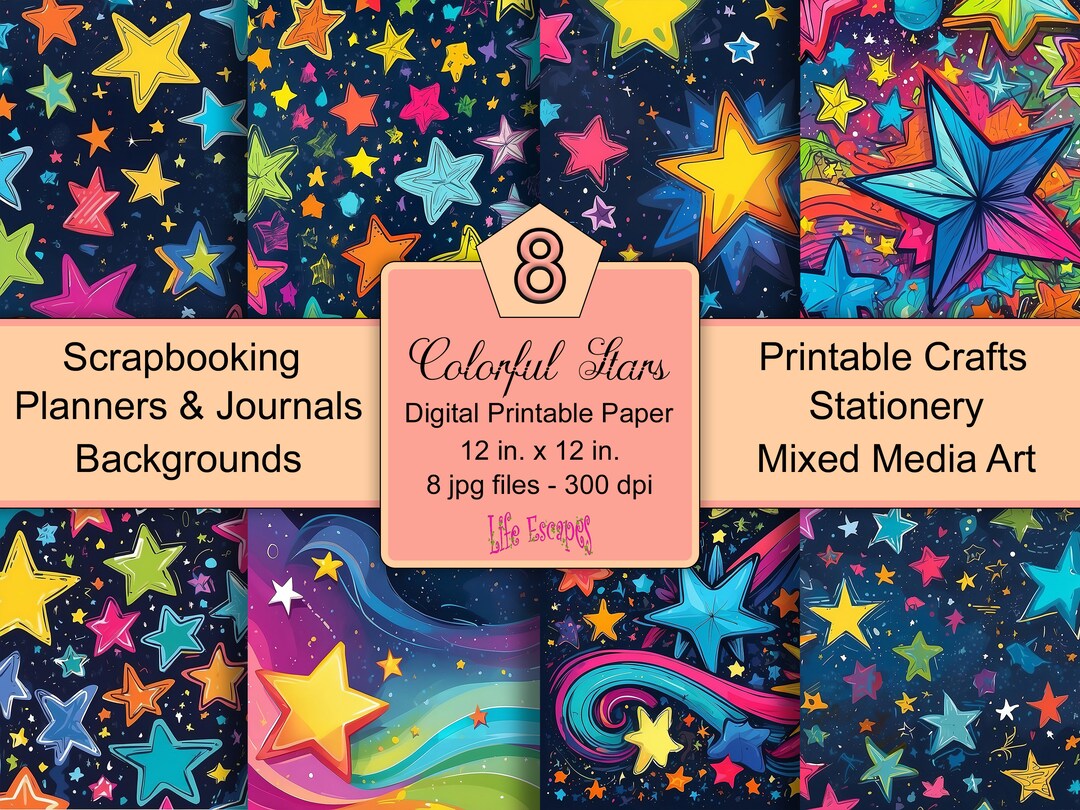 Colorful Stars Digital Paper Pack, Scrapbooking Backgrounds (instant ...