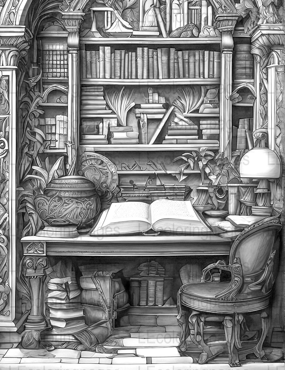 Intricate Library Grayscale Coloring Page for Adults, Printable Antique ...