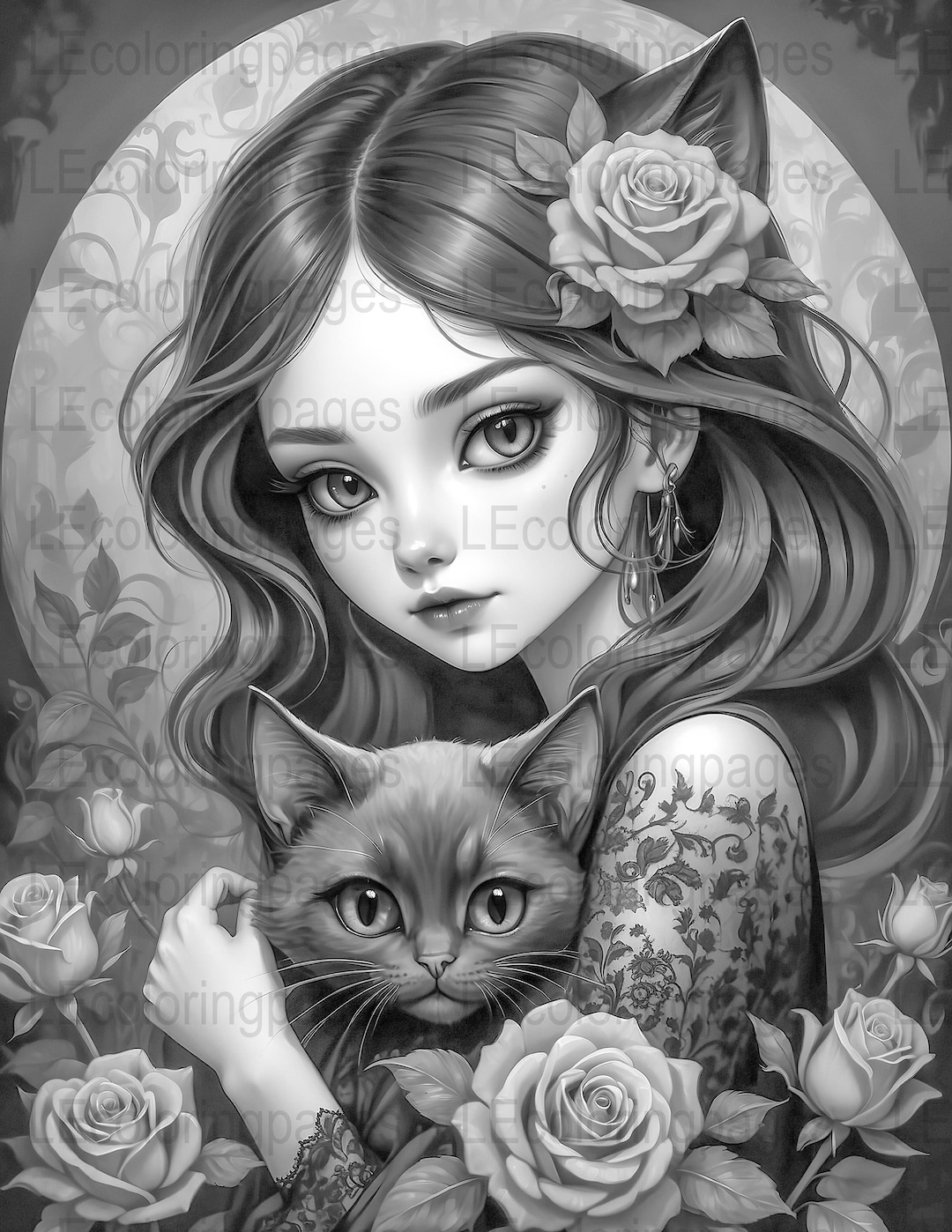 Gothic Cat Girl Grayscale Coloring Page for Adults #60 - Instant ...