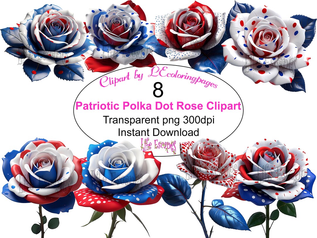 Patriotic Rose Clipart, Red White Blue Polka Dot Floral (digital ...