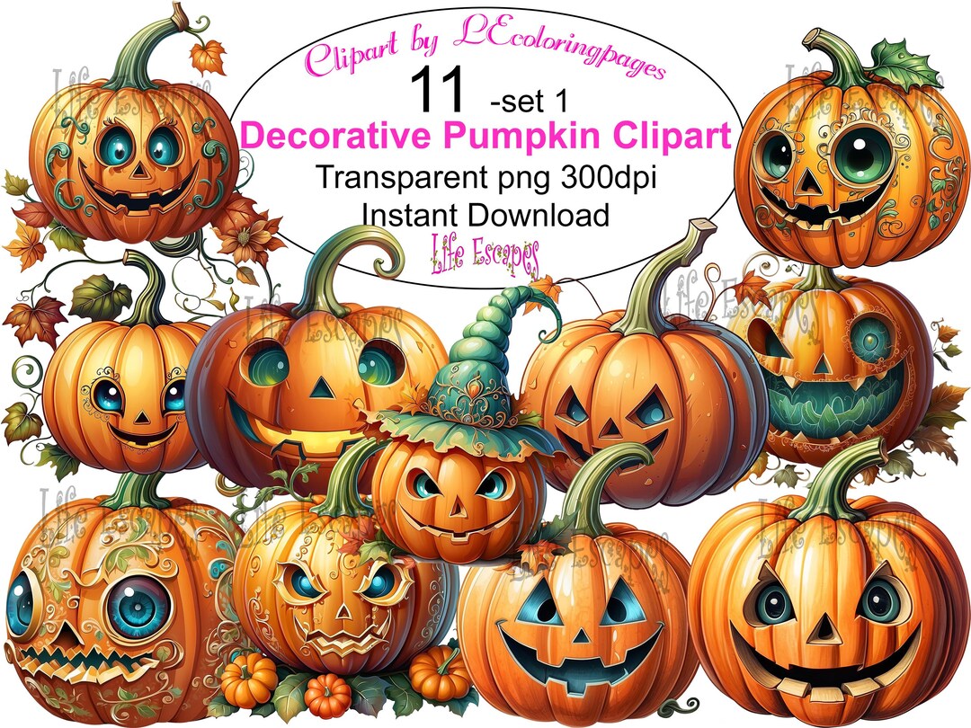 Decorative Pumpkin Clipart Set, Halloween Pumpkin PNG Clipart, Instant ...