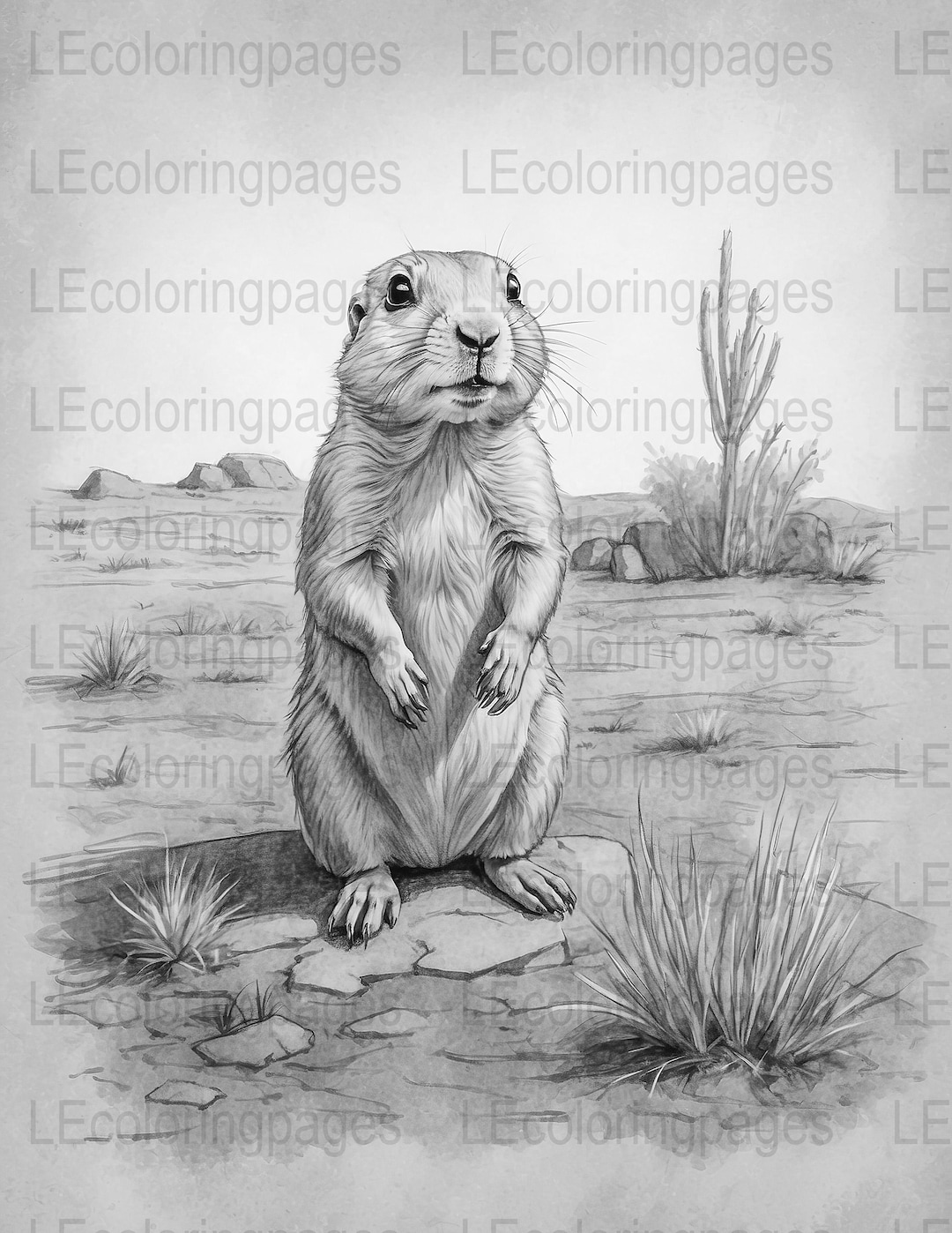 Adult Coloring Page Printable, Grayscale Prairie Dog, Relaxing Desert ...