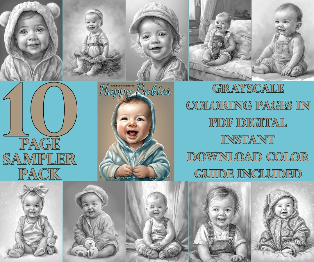 Happy Babies Grayscale Coloring Pages, Ai-assisted Art (PDF) - Etsy