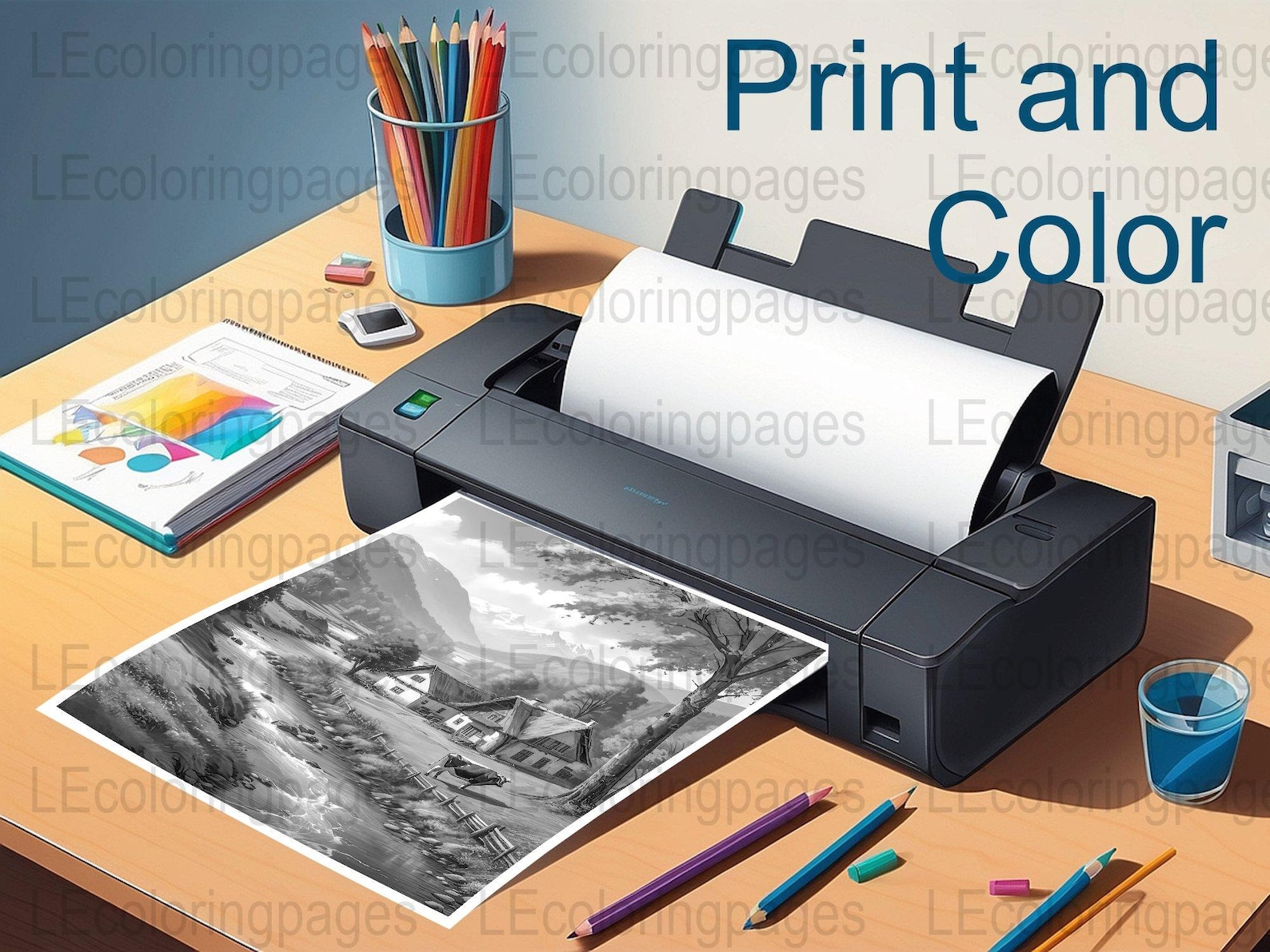 Rustic Cabin Landscape Adult Coloring Page, Printable Grayscale Scenery ...