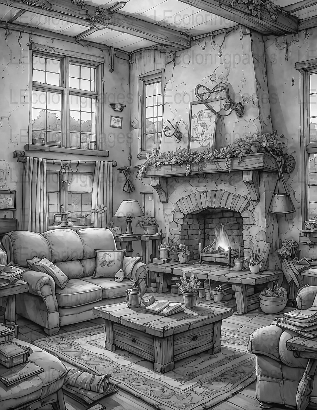Cozy Cottage Interior Grayscale Coloring Page, Printable JPG, Adult ...