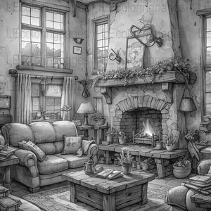 Cozy Cottage Interior Grayscale Coloring Page, Printable JPG, Adult ...