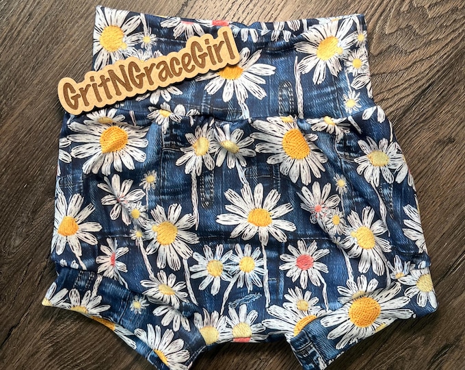 Denim and Daisy Bummies, Embroidered Daisies on Denim Blue Shorties ...
