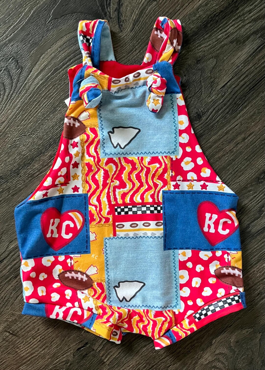 KC Denim Patchwork Football Overalls | Tie Knot Bummie Romper | Kansas ...