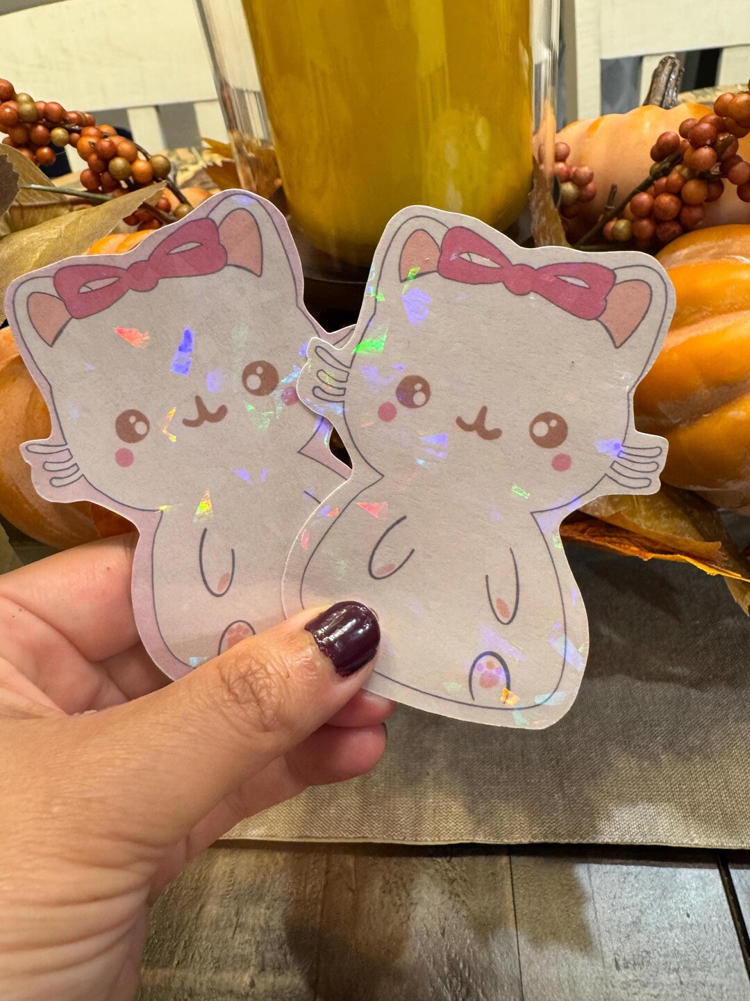 White Cat, Kawaii Inspired, Pink Bow, Stickers, Decal, Holographic - Etsy