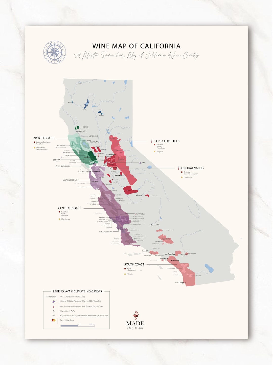 California Wine Map Poster: AVA Regions Art for Sommeliers - Etsy