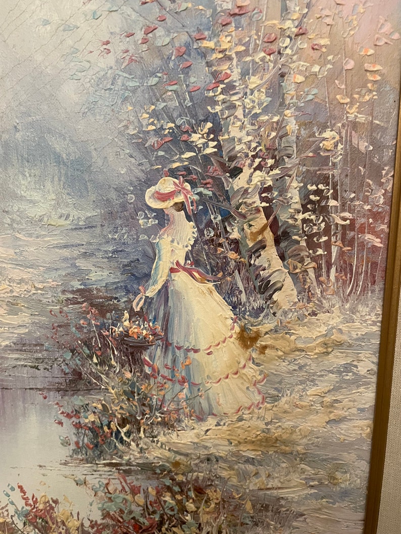 Vintage Victorian Lady by the Lake Framed Impressionist Oil Painting on ...