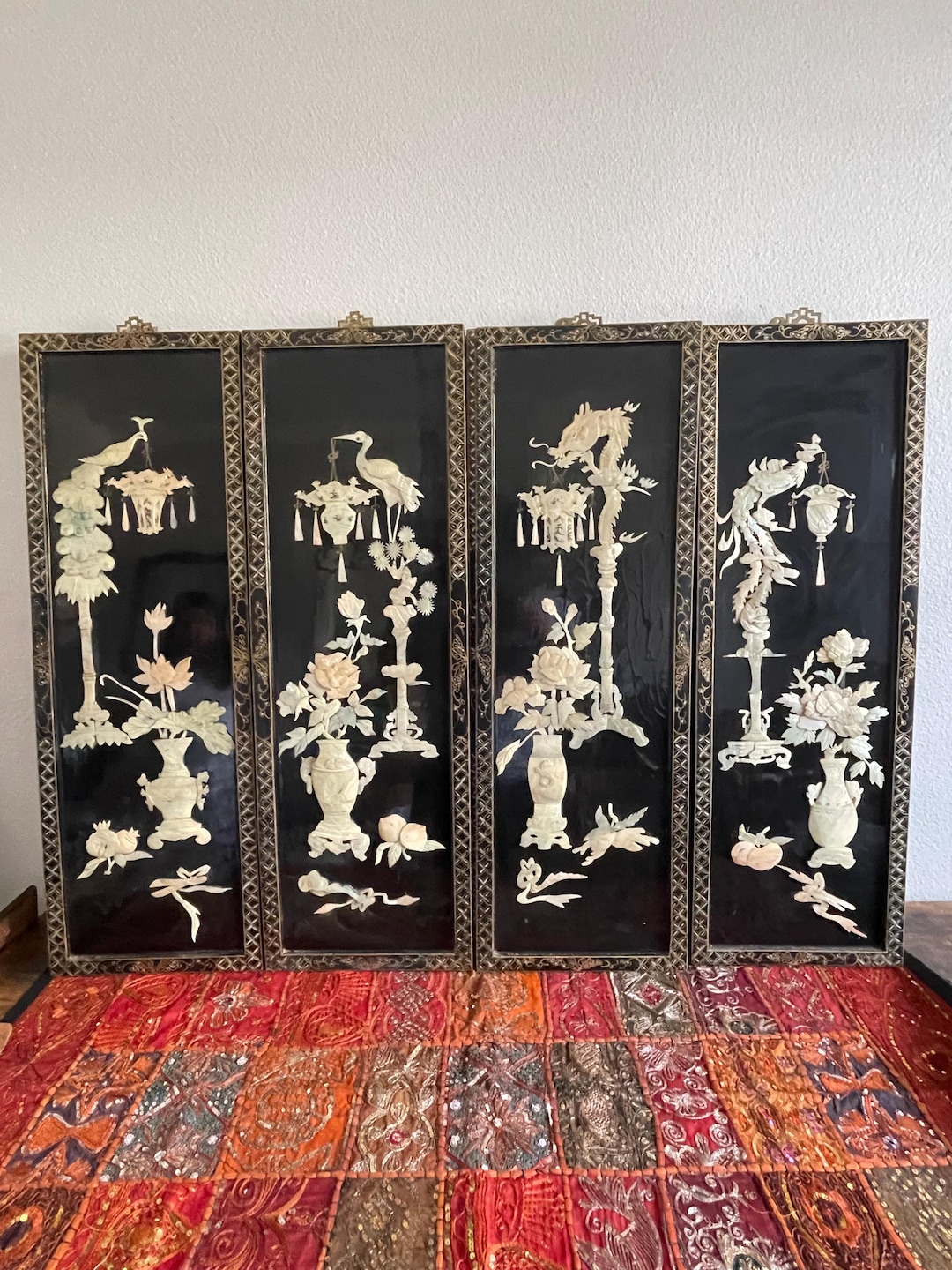 Rare Vintage Oriental Ivory Mother of Pearl Soapstone Inlay Gold ...
