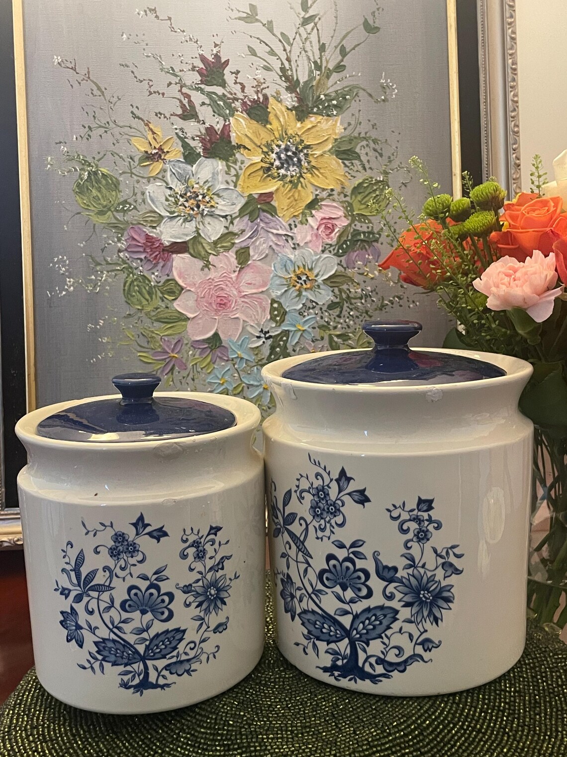 Vintage Cornflower Blue and White Ceramic Cookie Jar Canisters, Heavy ...