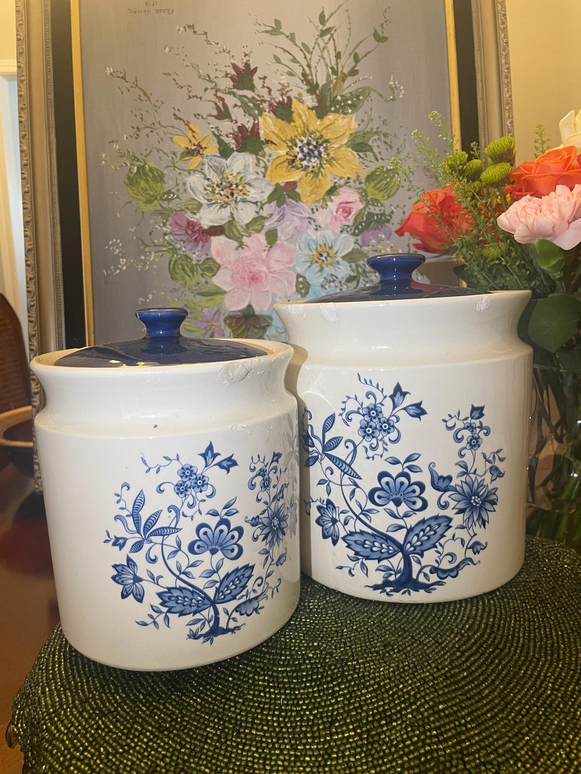 Vintage Cornflower Blue and White Ceramic Cookie Jar Canisters, Heavy ...