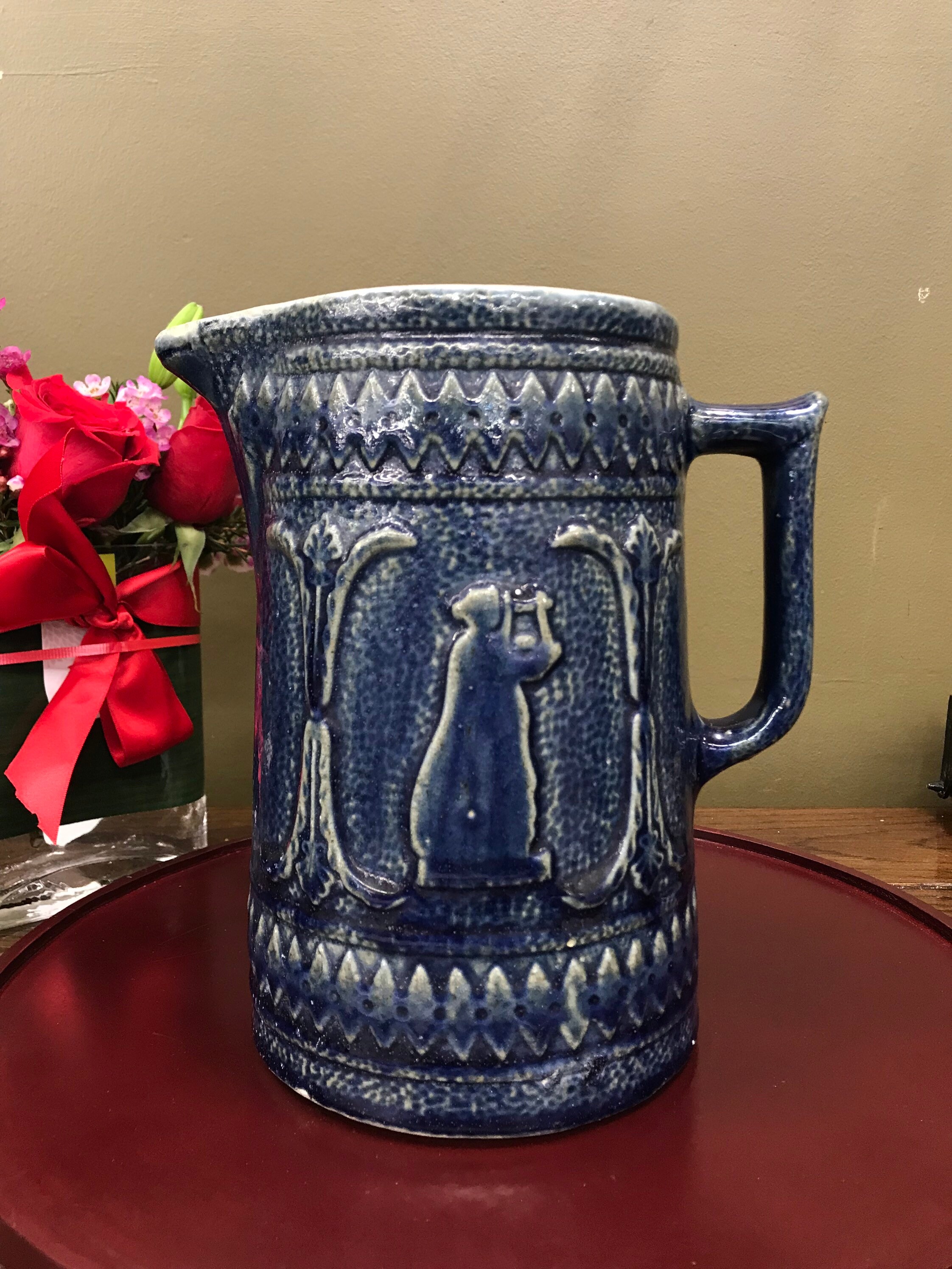 Antique Cobalt Blue Lady With a LYRE Stoneware Pitcher. - Etsy