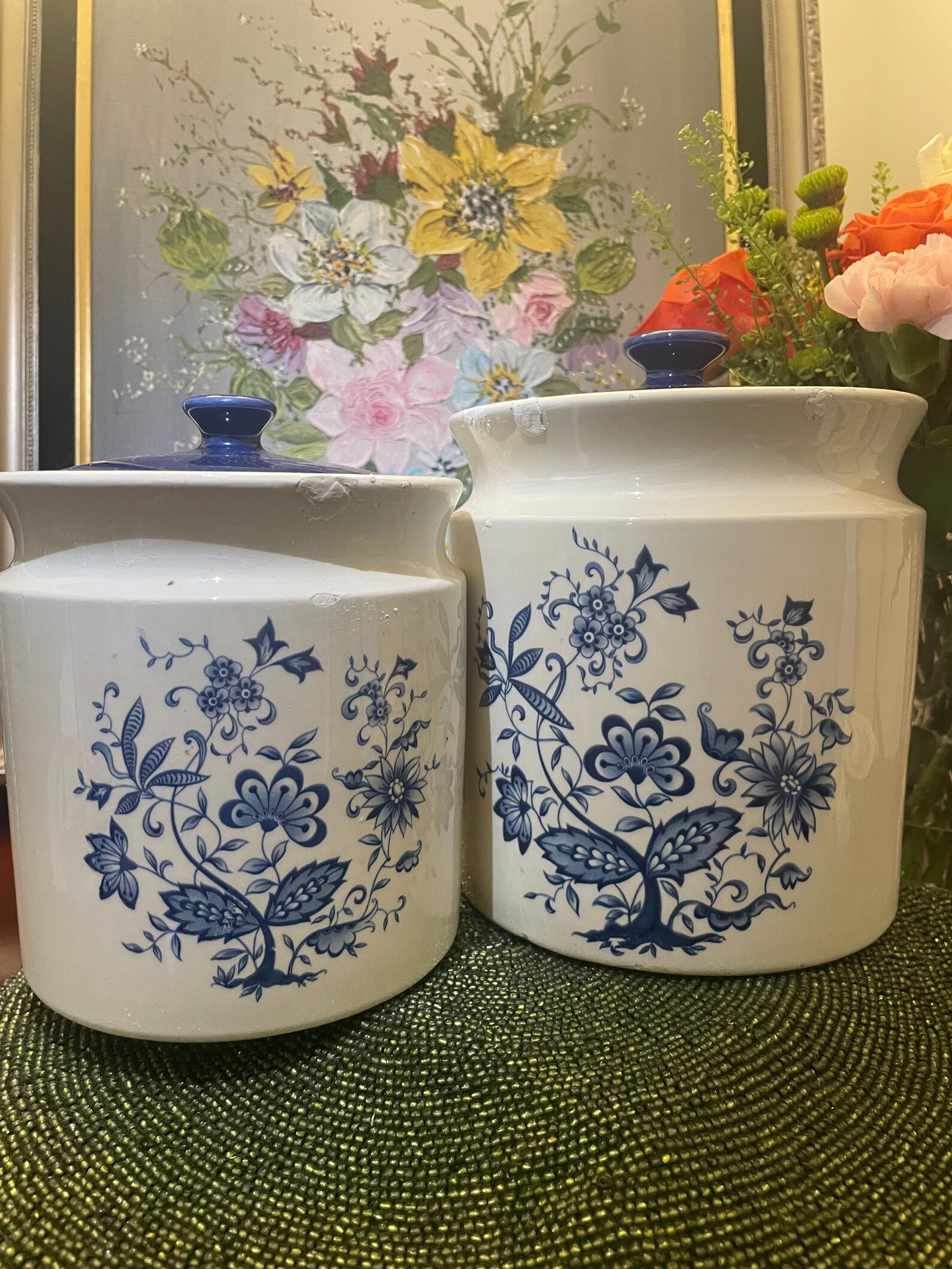 Vintage Cornflower Blue and White Ceramic Cookie Jar Canisters, Heavy ...