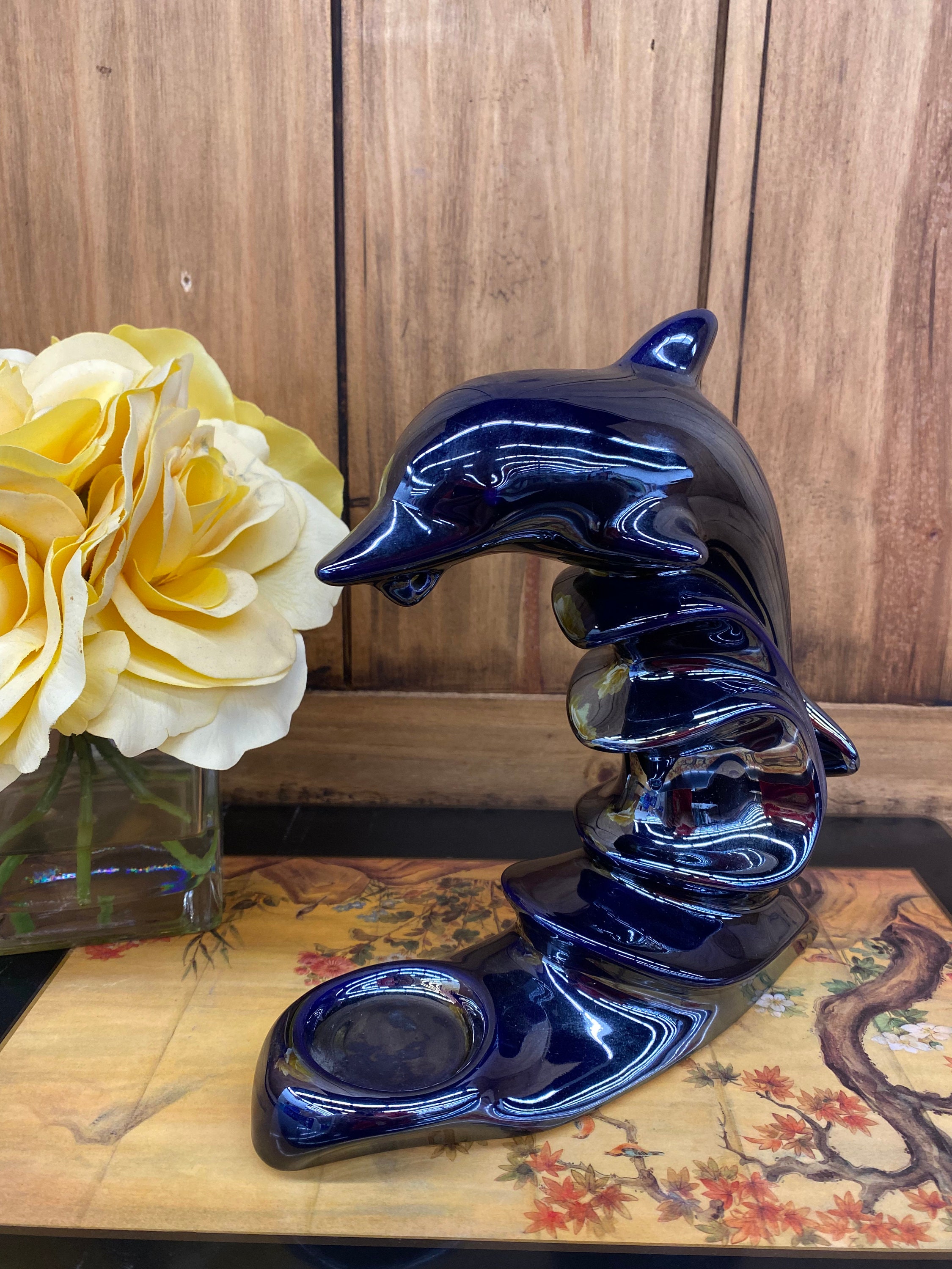 Vtg Marex Cobalt Iridescent Blue Dolphin Sculpture Tea Light Candle ...