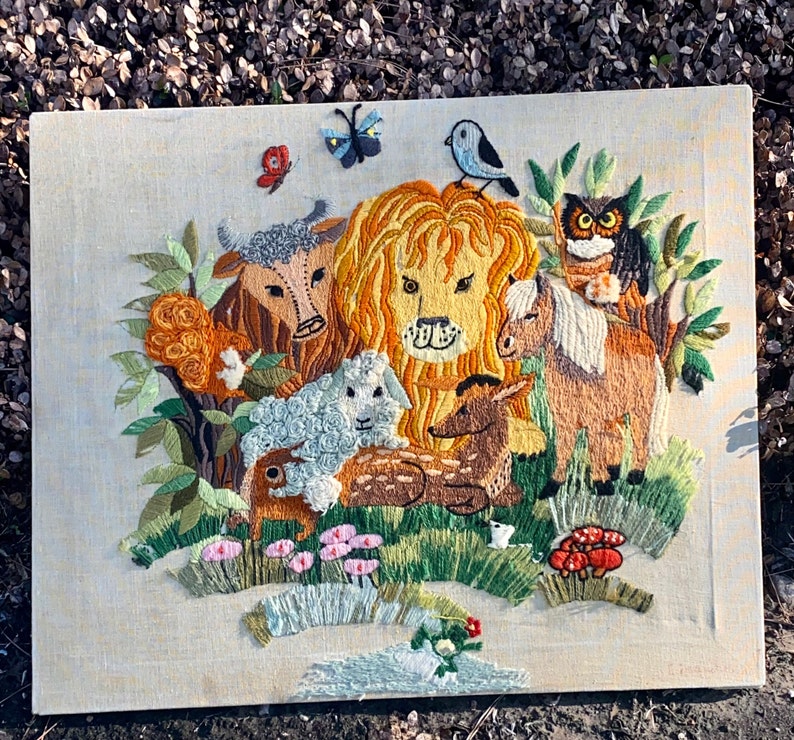 Vintage Lion Crewel Embroidered Animal Wall Art Peaceable Kingdom Folk ...