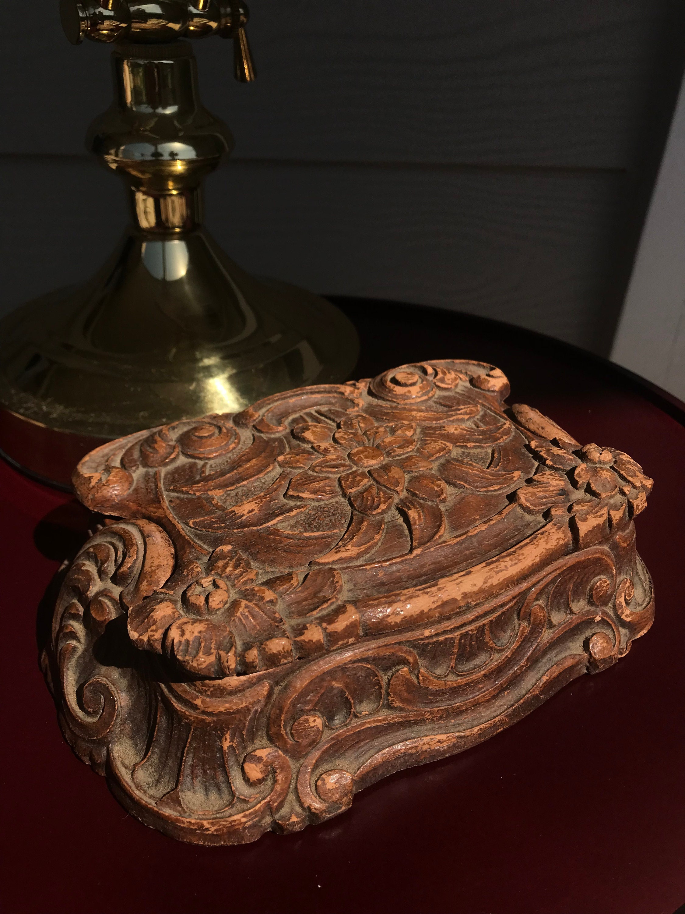 Vintage 1940s Ornate Syroco Carved Wood Box | Dresser Trinket Jewelry ...
